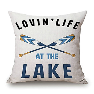 Solekla Black Blue Word Art Quote Loving Life at The Lake Wooden Paddle Oar Summer Decorative Cotton Burlap Linen Throw Pillow Case Cushion Cover Sofa Outdoor Decorative Square 18X18 Inches