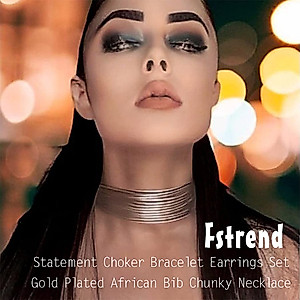 Fstrend Statement Choker Bracelet Earrings Set Gold Plated African Bib Chunky Necklace Costume Party Jewelry Accessories for Women (Silver)