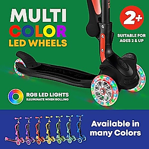 Kids Scooter – Foldable Seat – LED Wheel Lights Illuminate When Rolling – Children and Toddler 3 Wheel Kick Scooter – Adjustable Handlebar – Indoor and Outdoor- Pink - by Lifemaster