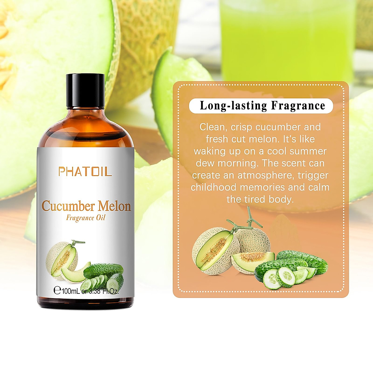 PHATOIL 3.38FL.OZ Cucumber Melon Fragrance Oils for Aromatherapy, Essential Oils for Diffusers for Home, Perfect for Diffuser, Yoga, Skin Care, DIY Candle and Soap Making - 100ml