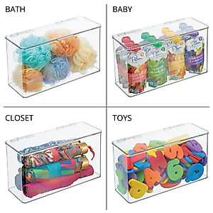 mDesign Plastic Bathroom Storage Organizer Box Containers with Hinged Lid for Vanity Drawers - Holds Lotions, Face Towels, Cotton Swabs, Soap, or Accessories - Lumiere Collection - 4 Pack - Clear