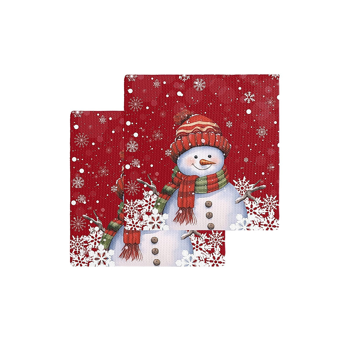 Onekaccu Winter Snowman Christmas Dish Towels Set, Waffle Weave Kitchen Towels Microfiber Towels Cleaning Red Christmas Snowflake Xmas Soft Absorbent Dish Drying Towels Hand Towels 2 Pack 12x12 in