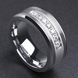 King Will GEM 8mm White Tungsten Ring Unisex Wedding Band Polished Beveled Edge CZ Stone Channel Set(13.5)