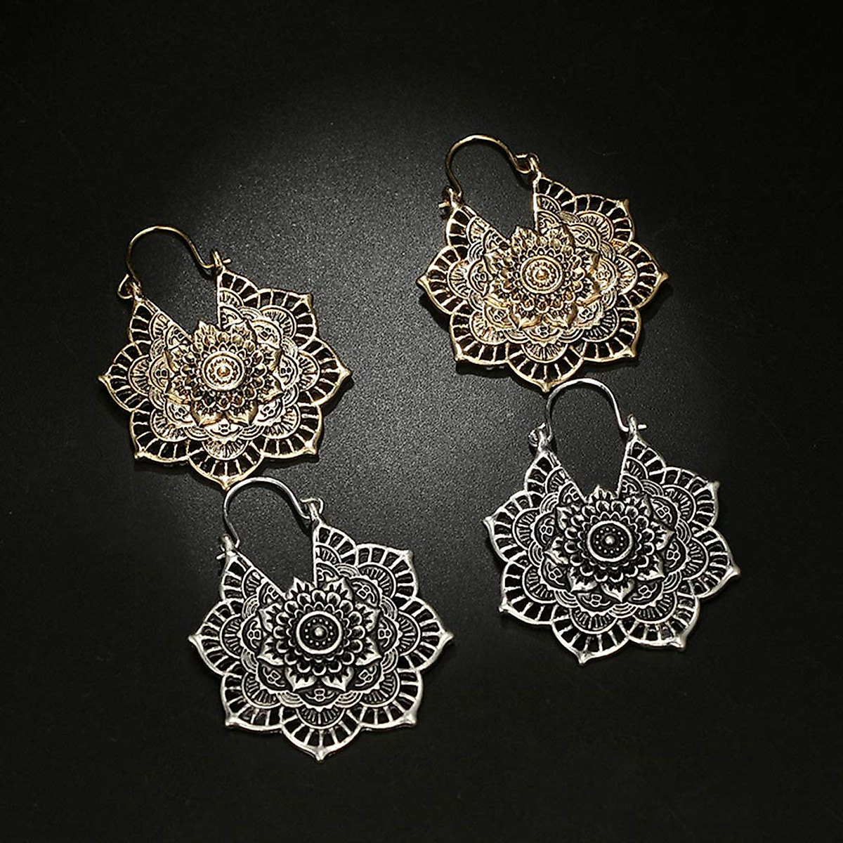 Hithop Vintage Mandala Flower Drop Dangle Earring for Women Tribal Hollow Floral Pendant Earrings (Silver)