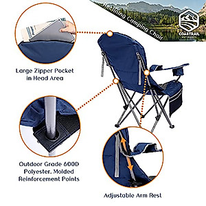 Coastrail Outdoor Reclining Camping Chair 3 Position Folding Lawn Chair for Adults Padded Comfort Camp Chair with Cup Holders, Head Bag and Side Pockets, Supports 350lbs, Blue&Grey