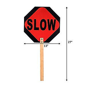 Kichwit Stop Slow Sign, 13" Double Sided Handheld Stop Sign, Street Slow Reflective Sign with Bamboo Handle, Aluminum