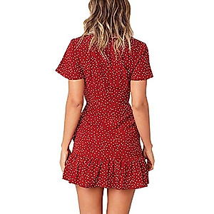 Women's Summer Short Sleeve Wrap Dress Polka Dot Floral Print V Neck Waisted Layer Ruffle Hem Mini Dresses (Red, Medium)