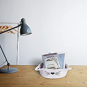 Small Woven Basket Cotton Rope Basket with Cat Ears Little Storage Baskets for Organizing Bins Organizer Wicker Nursery Room for Kids Baby Dog Toy Drawer Gifts 9.5"x8.5"x4", White