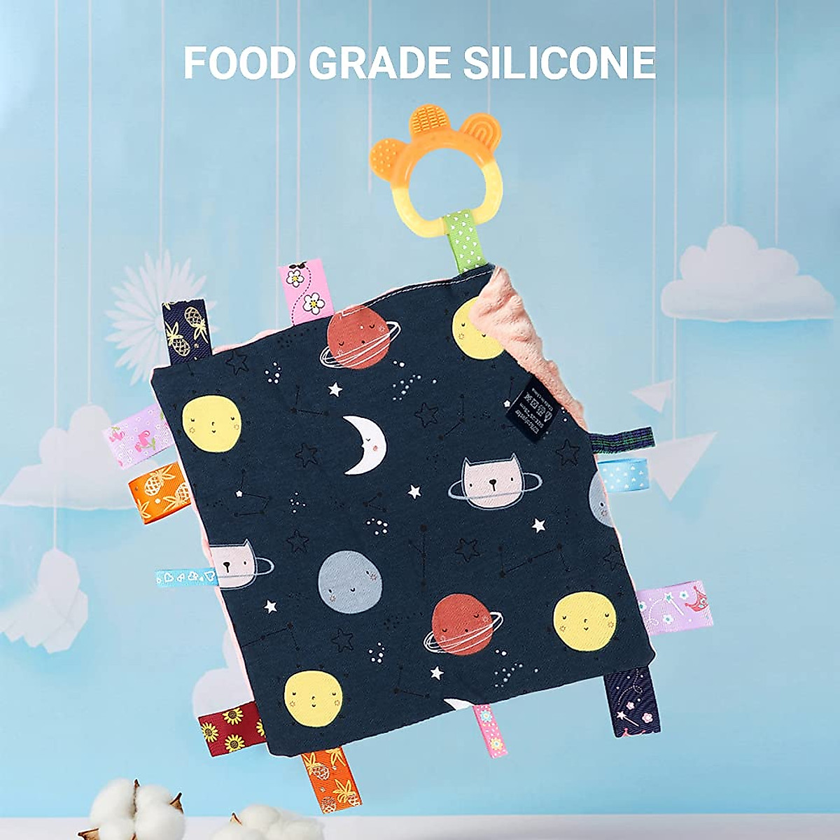 Cute Baby Security Tag Blanket withTeether,Soft,Soothing, Comfortable,Dotted Backing Taggy Teething Blanket for Boys and Girls. (Planets)