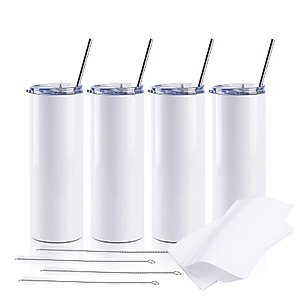 Sublifun Sublimation Tumbler Blanks,20oz White Straight Skinny Tumbler Bulk,4 Pack Stainless Steel Double Walled Tumbler with Lid and Metal Straw,High-quality coating for Tumbler Press Machine Print