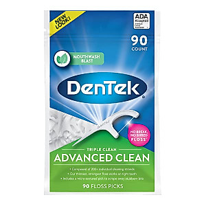 DenTek Triple Clean Advanced Clean Floss Picks, No Break & No Shred Floss, 90 Count, (Pack of 3)