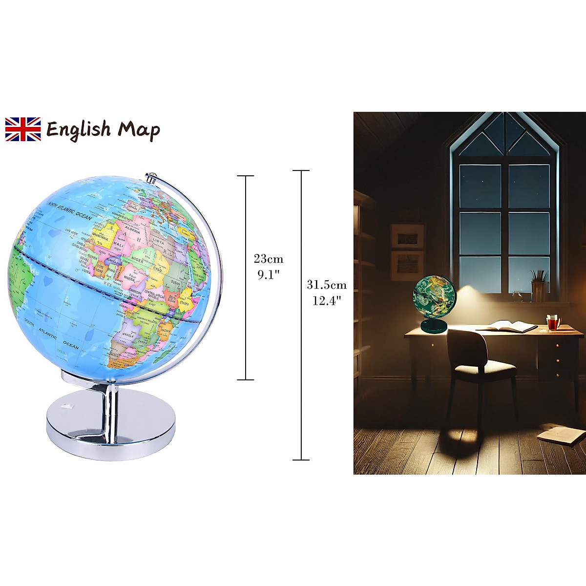 Exerz Illuminated World Globe 9.1-inch Diameter Metal Base - Political Map (Day) Constellation Globe (Night) - 2 in 1 Light up Cable Free LED lamp