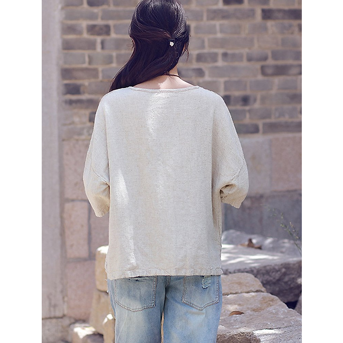 Minibee Women's Elbow Sleeve Linen Tunic Tops Solid Color Retro Blouse Linen L