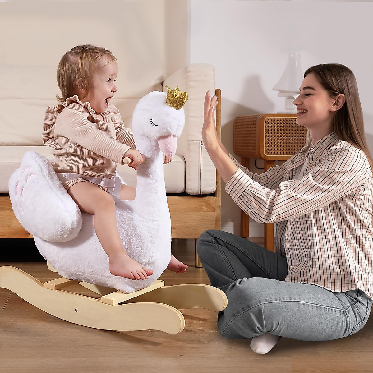 labebe - Plush Rocking Horse Wooden, Baby Riding Animal White Swan, Kid Ride On Toy for 1-3 Year Old, Girl&Boy Stuffed Rocking Animal Outdoor, Nursery/Infant/Child Christmas or Birthday Gift