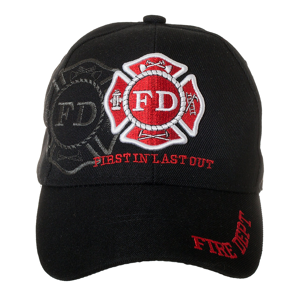Fire Department First in Last Out Cap - Firefighter Gift - Embroidered Hat (Black)