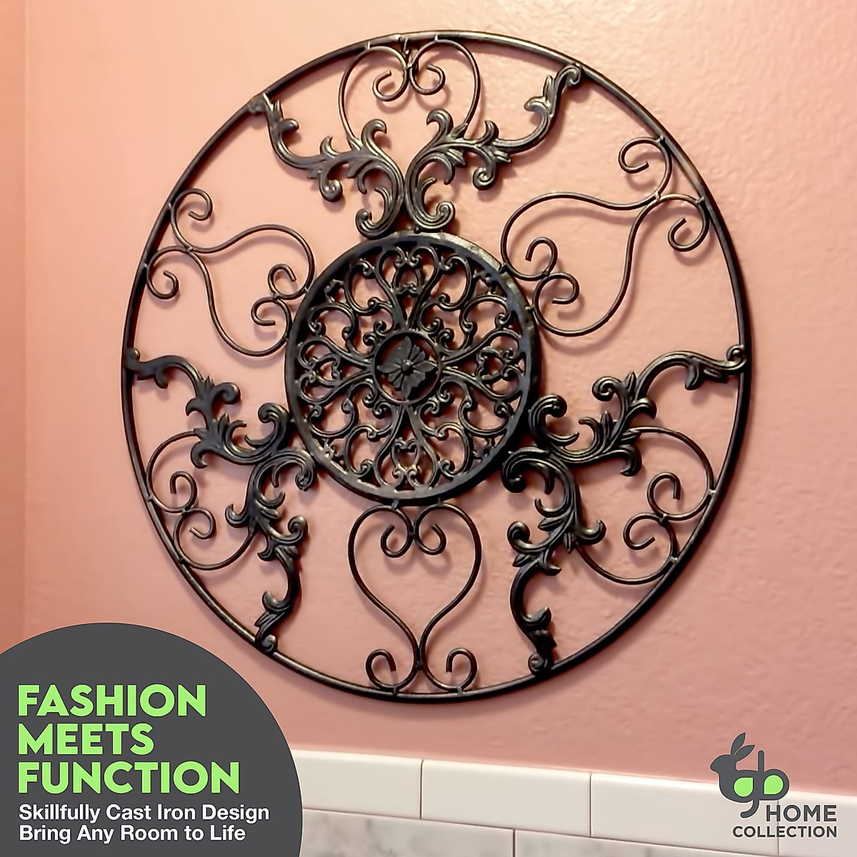 GB Home Metal Wall Décor Living Room Victorian Style Wall Art Décor, Circular Medallion Design, 24 X 24 Inches - Black