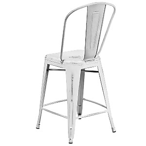 Flash Furniture Blake Commercial Grade 4 Pack 24" High Distressed White Metal Indoor-Outdoor Counter Height Stool with Back