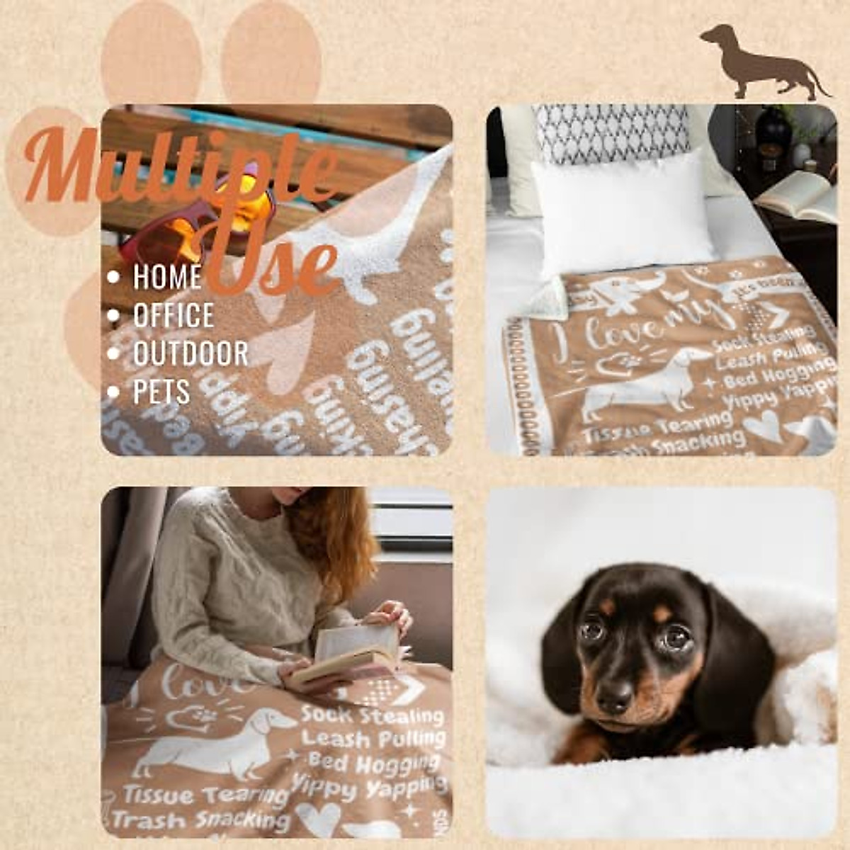 InnoBeta Dachshund Gifts, Dachshund Flannel Blanket for Dachshund Lovers, Soft Throw Blanket for Women, Her, Adults, Friends, Wife, Bed, Sofa Blanket - Brown 50"x 65"