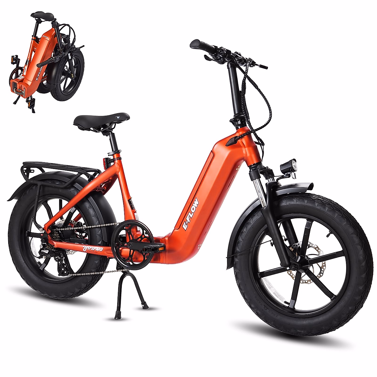 Young Electric Bike E-Flow 750W Peak 1000W Folding Ebike, Up to 90Mi 28MPH, 48V/20Ah Hidden Battery, 20''x4.0'' Fat Tire Step-Through Fast Cargo EBike for Adult, Commute Moutain E-Bike (Radio Orange)