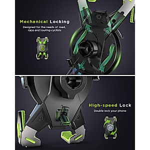 IPOW Bike Phone Holder, Adjustable Motorcycle Phone Mount, 2023 Upgraded Motorcycle Handlebar Phone Clamp, Scooter Phone Clip Compatible with iPhone 14 Plus/Pro Max, 13 Pro Max, S23, S22, Green