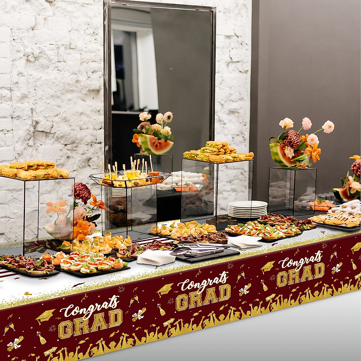 chiazllta Set of 3 Graduation Tablecloths Class of 2024 Congrats Grad Maroon Graduation Party Tablecover Decorations Party Supplies Large Size Plastic 54"x108"(Maroon & Gold)