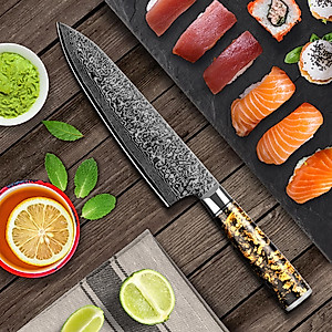 SharpLyfe Japanese Damascus Steel Chef Knife - Gold Foil & Carbon Fiber Handle - Razor Sharp Blade - Kitchen Knife with Secure Finger Guard - Chef Knife for Professional Grade - Size 7.79 Inch