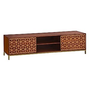 The Urban Port Kalyn 75-Inch Handcrafted TV Media Console Entertainment Center, 2 Doors, Center Shelf, Geometric Design Print, Brown Acacia Wood, Brass