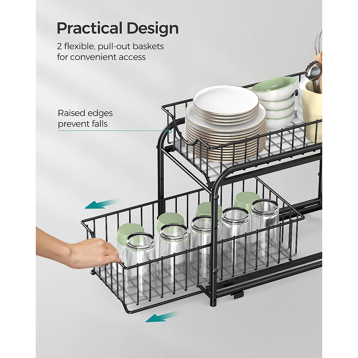 SONGMICS 2-Tier Pull Out Cabinet Organizers, Under Sink Organizer, Bathroom Organizer and Storage, Sliding Basket Drawers, Stackable for Kitchen, Bathroom, Ink Black UKCS017B01