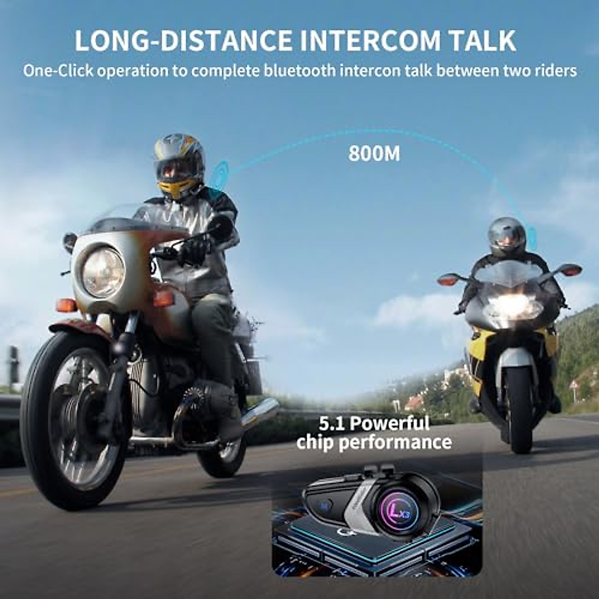 Good Rider Motorcycle Bluetooth Headset LX3 Motorcycle Helmet Bluetooth Intercom for 2 Riders 800M with CVC Noise Reduction Stereo Music IPX6 Waterproof Full Face Helmet (1 Piece)