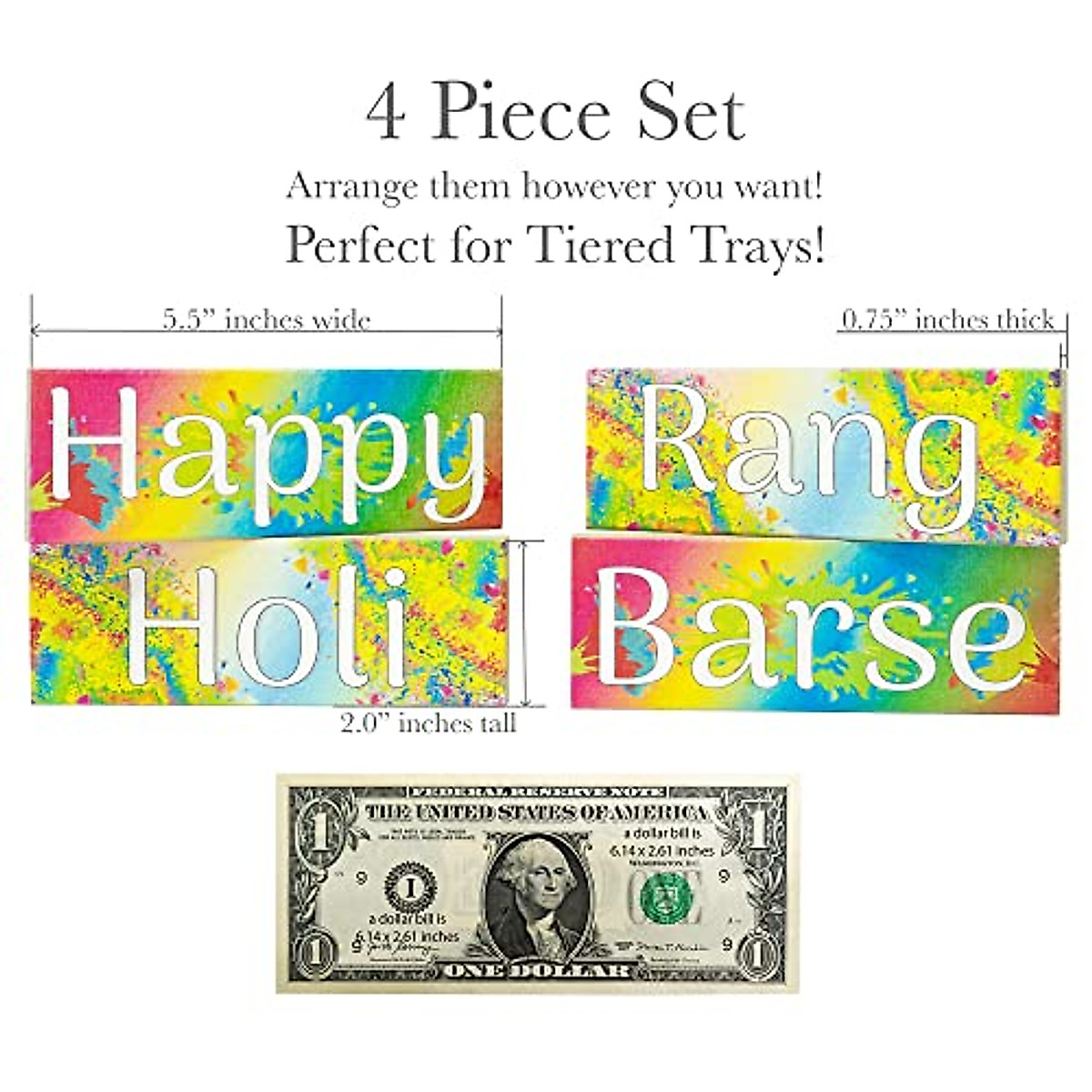 JennyGems Happy Holi Rang Barse Wooden Block Signs, Holi Decorations Party Supplies, Festival of Colors, Set of 4