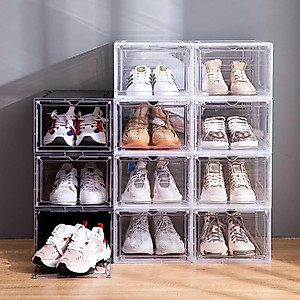 Attelite Drop Front Shoe Box,Set of 6,Stackable Plastic Shoe Box with Clear Door, As Shoe Storage Box and Clear Shoe Box,For Display Sneakers,Easy Assembly,Fit up to US Size 12(13.4”x 10.6”x 7.4”)