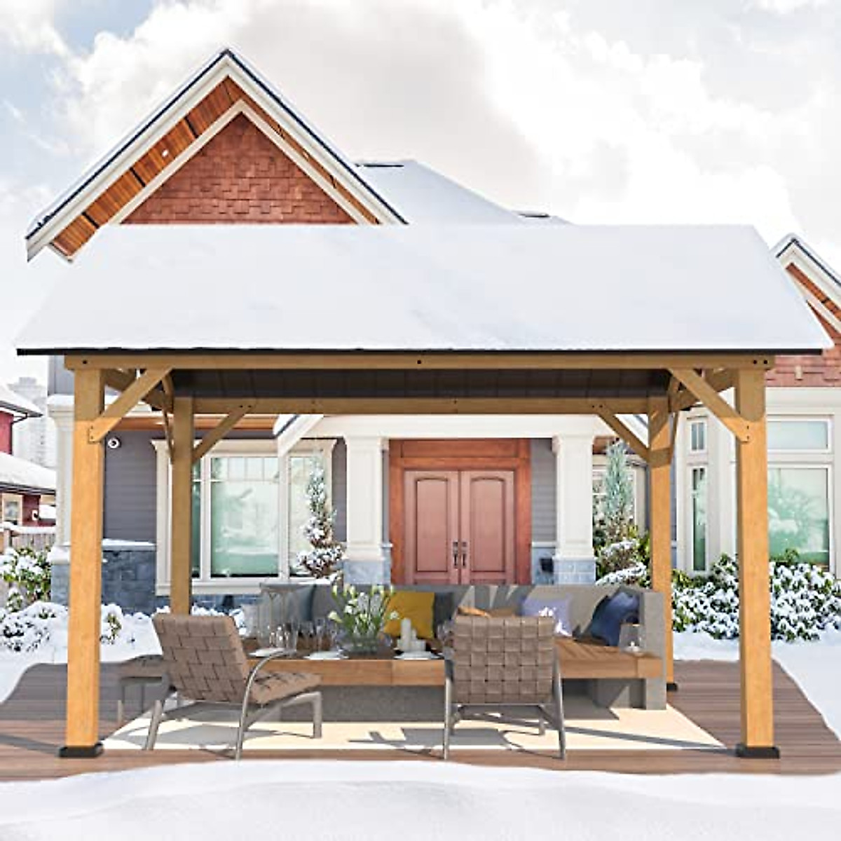 EROMMY 11'x13' Hardtop Gazebo, Outdoor Solid Wood Canopy Pavilion with Spruce Wooden Frame for Patio Backyard Deck Garden