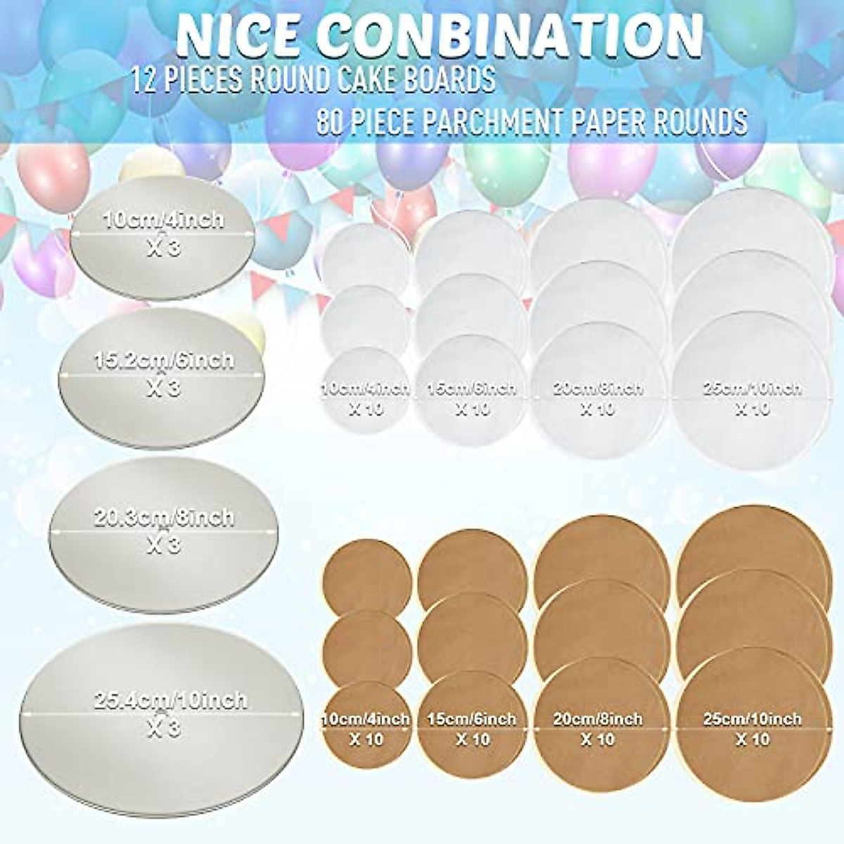 112 Pieces Cake Board Kit Sturdy Round Cake Board 4 Inch, 6 Inch, 8 Inch, 10 Inch with Parchment Paper Round and Plastic Cake Dowel Rod Cake Separator Plate for Tiered Cake for Party Wedding Birthday