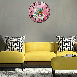 Naanle Cute Llama with Cactus Pink Round Wall Clock, 9.5 Inch Silent Battery Operated Quartz Analog Quiet Desk Clock for Home,Office,School