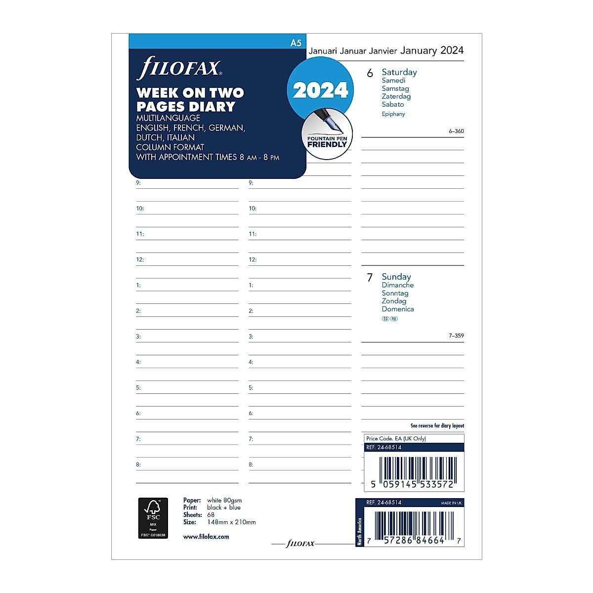 Filofax A5 week on two pages 5 language appointments 2024 diary
