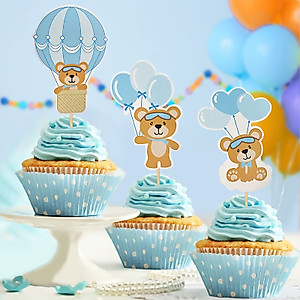 Hot Air Balloon Pilot Bear Cupcake Cake Toppers Aviator Fly Baby Shower Birthday Party Decorations Supplies (Hot Air Balloon Pilot Bea)