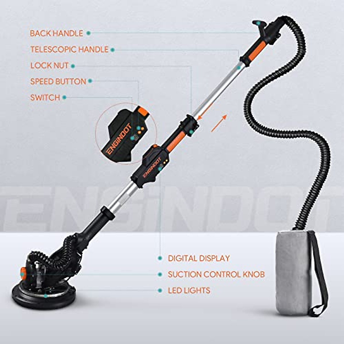Drywall Sander 7.2 A, 900W ENGiNDOT Electric Wall Sander, 14 Sanding Discs, 6 Speed 900-1800RPM, 13ft Dust Collection Hose, Telescopic Handle, Automatic Dust Removal System, LED Light, Digital Display
