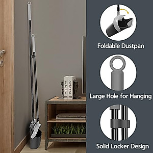 JEHONN Broom and Dust Pan, 54.3 inches Long Handle Swivel Brush, Upright Foldable Dustpan with Comb Teeth for Home Kitchen Lobby Indoor Floor Cleaning (Black & Gray)