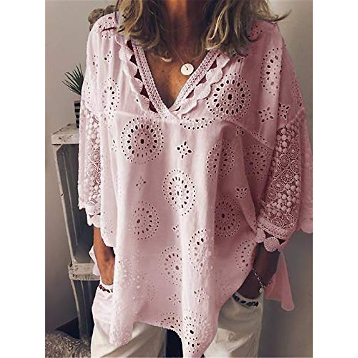 Andongnywell Women's Casual V Neck Tops Hollow Out Loose Cut Out Embroidered Shirt Tunic Blouses Tops (Pink,6,3X-Large)