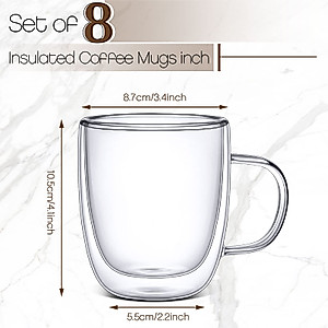 Gerrii 8 Pack 13.5 oz Double Walled Glass Coffee Mugs with Handle, Clear Glass Coffee Mugs Insulated Layer Coffee Cups Espresso Mug Cups for Cafe Latte Cappuccino Tea