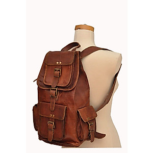 20" Retro Travel Rucksack Backpack Brown Leather Bag for Men Women