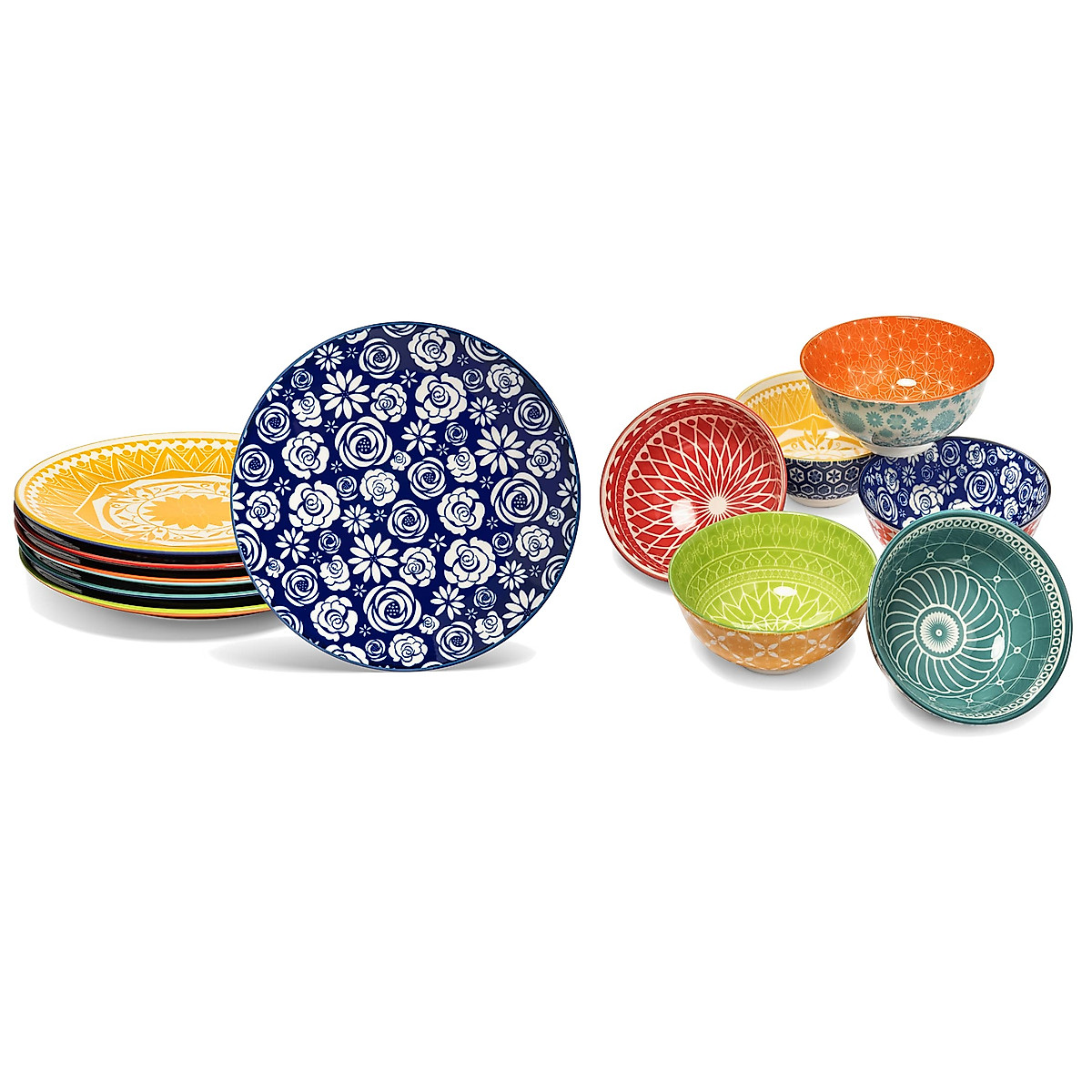 Annovero Bundle - Salad Plates, Dessert Bowls. Cute and Colorful Stoneware Dishes for Kitchen, Microwave and Oven Safe. Bundle