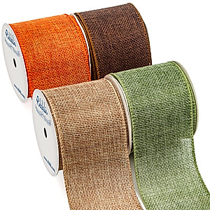 Ribbli Fall Burlap Ribbon,Natural/Spring Moss/Orange/Brown Burlap Wired Ribbon,2.5 Inch x 4 Colors Total 20 Yard, Fall Wired Ribbon for Big Bow,Wreath,Outdoor Decoration