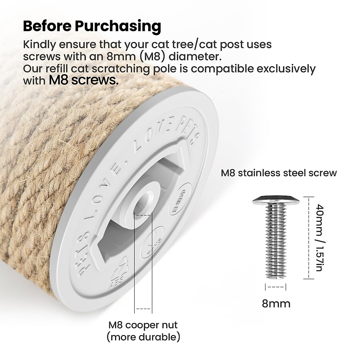 SVD.PET Cat Scratching Post Replacement, 17” x 2.95” Jute Rope Cat Tree Replacement Post, Refill Scratcher Posts with M8 Screws for Indoor Cat Tree, Cat Tower and DIY Cat Scratcher (2PCS)