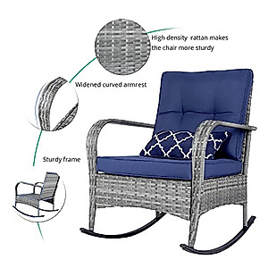 IBITION 3-Piece Outdoor Rocking Chairs Set of 2， Wicker Patio Furniture Modern Rattan Chair Conversation with Cushions & Glass Table for Garden,Backyard, Bistro(Navy Blue)