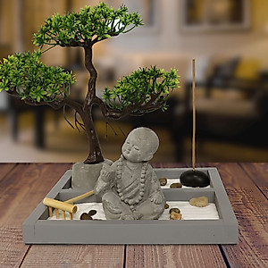 Gray Mini Japanese Zen Sand Garden Set with Incense Holder, Calming Bonsai and Miniature Buddha Statue - Zen Decor for Relaxation and Meditation - Home Decor, Office Accessory, Gift Set