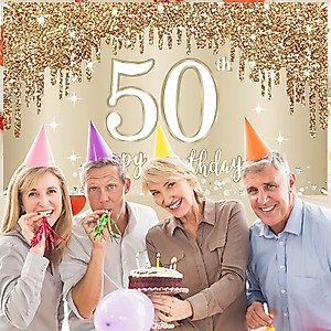 Happy 50th Birthday Banner Backdrop Decorations for Women, Gold White 50 Birthday Sign Party Supplies, Fifty Year Old Birthday Photo Booth Background Poster(72.8 x 43.3 Inch)