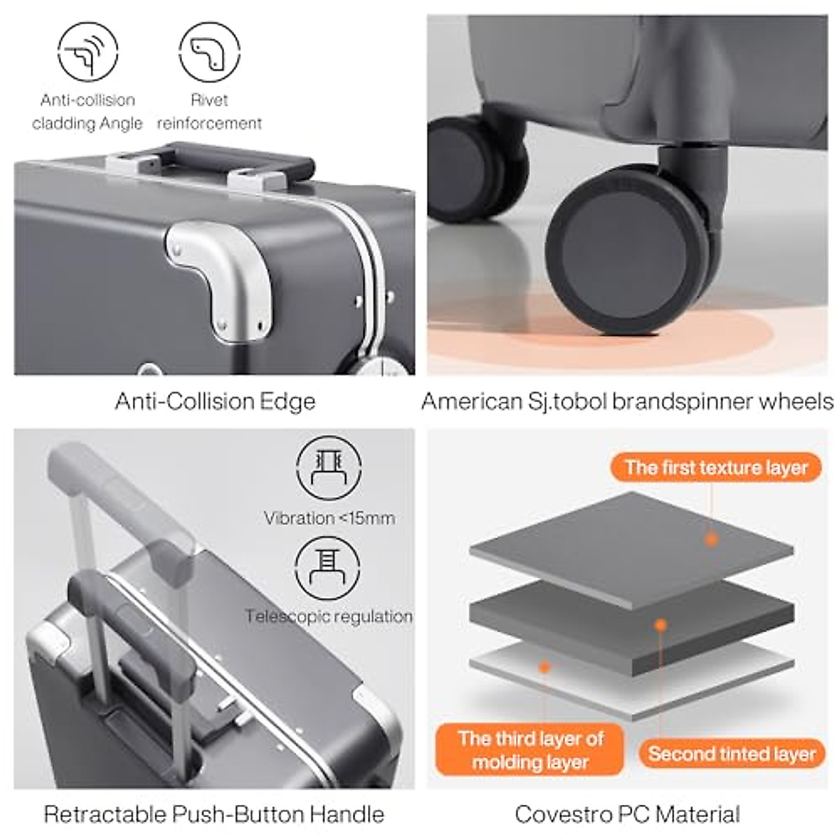 mixi Luggage Suitcase with Spinner Wheels, Upgrade Aluminum Frame PC Hardside Rolling Travel Suitcase with TSA Lock, 24'' Checked-in Trolley, Rock Gray