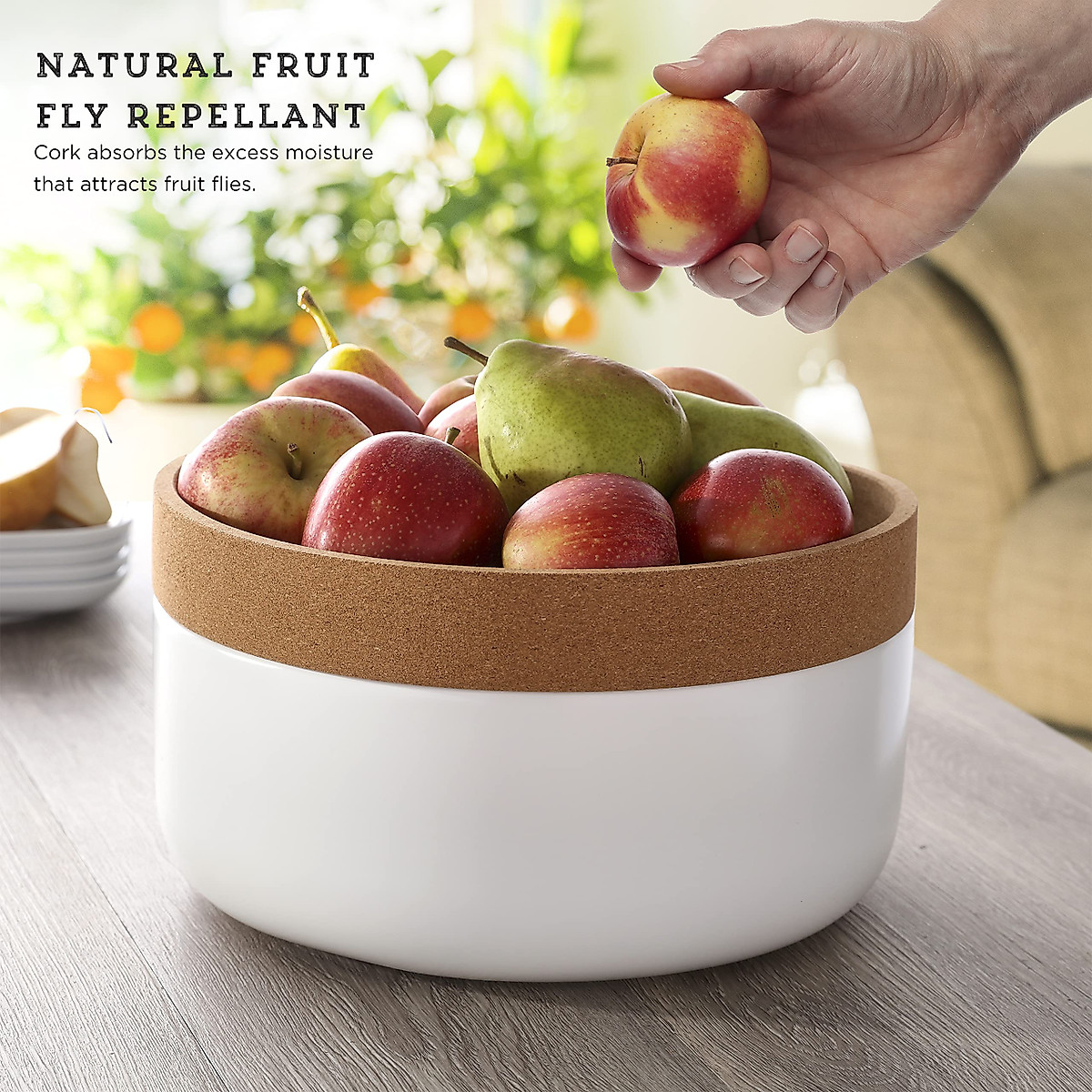 Kamenstein 2 Compartment Large Bowl Extends Produce Freshness, 11 x 11 x 6 Inch, Natural Cork and White Ceramic