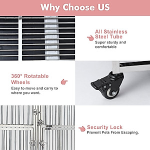 38" Heavy Duty Indestructible Dog Crate Steel Escape Proof Dog Cage Kennel for Small Medium Large Dogs Indoor Double Door High Anxiety Dog Crate with Wheels, Lock& Removable Tray, Silver (38 Inch)